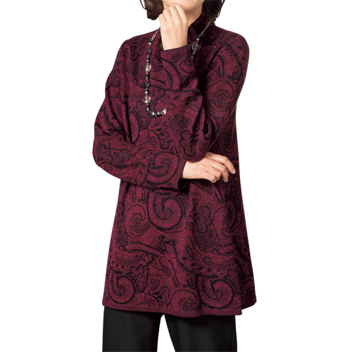 チュニック ニット レディース 秋冬 日本製 ペイズリージャカードニットプルオーバー ブラック ワインレッド 婦人服 ミセス シニア 女性 シニアファッション 40代 50代 60代 70代 80代 母の日 お母さん 毬模様 勾玉模様 ペーズリー 黒 赤系 ボルドー　nss　p23530　p24807