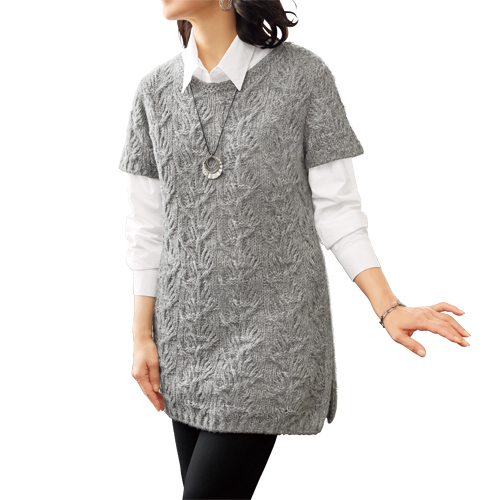 ベスト 秋冬 日本製 杢調ニットロングベスト グレー トップス ベスト 半袖 ニット プルオーバー レディース 婦人服 ミセス シニア 女性 シニアファッション 50代 60代 70代 80代 母の日 お母さん シンプル 丸首 クルーネック　nss　p23541