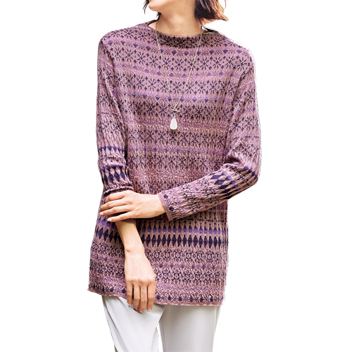 チュニック ボートネック レディース シニア 秋冬 日本製 ジャカードニットチュニック トップス ピンク パープル 婦人服 ミセス シニア 女性 シニアファッション 50代 60代 70代 80代 母の日 お母さん ウール混 柄物 秋物 冬物　nss　p23826　p24805