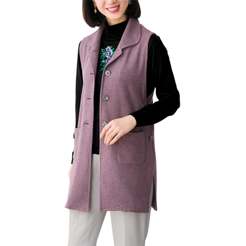 ベスト 秋冬 日本製 衿付きロングベスト 全3色 トップス ロングジレ ベスト 前開き 襟付き ピンク ブラック ネイビー レディース 婦人服 ミセス シニア 女性 シニアファッション 50代 60代 70代 80代 母の日 お母さん　fuji　p23900