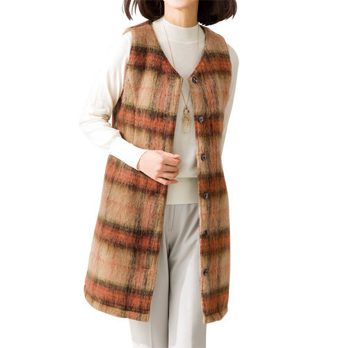 ベスト ロング レディース 秋冬 日本製 シャギーチェック柄 ロングベスト オレンジ系 トップス 前開き ベスト ジレ 丸首 ミドル丈 婦人服 ミセス シニア 女性 シニアファッション 40代 50代 60代 70代 80代 母の日 お母さん 格子柄 チョッキ ウール混 毛混　fuji　p23905