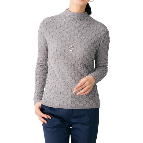 カットソー ハイネック レディース 秋冬 日本製 ふくれジャカードプルオーバー 全2色 トップス ボトルネック グレー パープル 婦人服 ミセス シニア 女性 シニアファッション 50代 60代 70代 80代 母の日 お母さん おばあちゃん シンプル ドット柄 玉模様　fuji　p23906