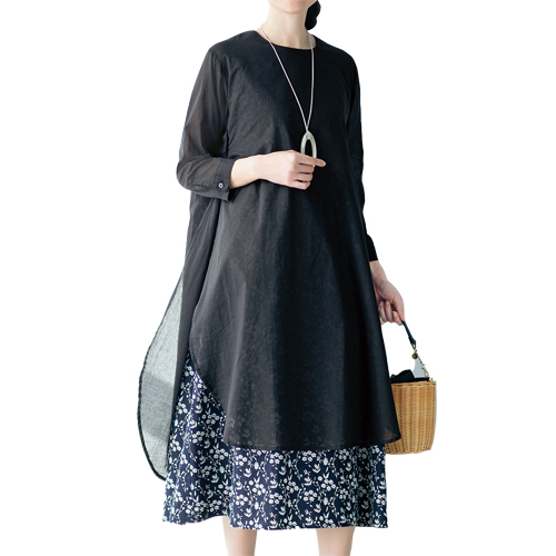 シアーチュニック＆ワンピース アンサンブル ワンピース チュニック アンサンブル 長袖 膝下丈 花柄 レディース 婦人服 ミセス シニア 女性 大人 ブラック ネイビー 黒 紺色 無地 丸首 クルーネック 上品 40代 50代 60代 70代 80代 90代 母の日 お母さん 春夏　nss　p24068