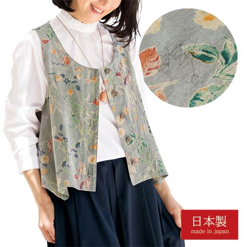 ベスト 春夏 日本製 麻綿プリントポケット付ベスト ベスト 前開き レディース 婦人服 ミセス シニア 女性 グレー 花柄 フレア 上品 丸首 ジレ チョッキ シニアファッション 40代 50代 60代 70代 80代 母の日 お母さん　nss　p24087