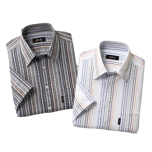 カジュアルシャツ 半袖 ストライプ柄 メンズ 春夏 ピエルッチ サッカー生地 さわやか半袖シャツ 2色組 紳士服 シニア 男性 ストライプ 縞模様 縦縞 胸ポケット グレー ホワイト 白 ファッション 40代 50代 60代 70代 80代 90代 父の日 お父さん　sai　p21101　p24318　p27421