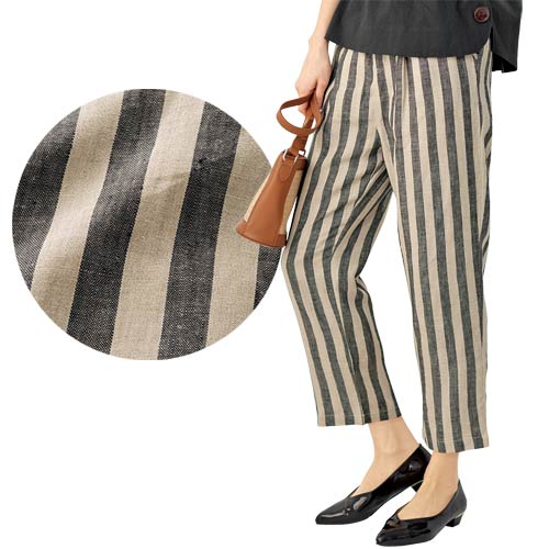 テーパードパンツ 麻 リネンパンツ ズボン レディース 麻100％ ストライプパンツ ベージュ ブラック 婦人服 ミセス シニア 女性 ストライプ柄 縞模様 縦縞 長ズボン シンプル サマーパンツ シニアファッション 40代 50代 60代 70代 80代 母の日 お母さん 春夏　nss　p24390