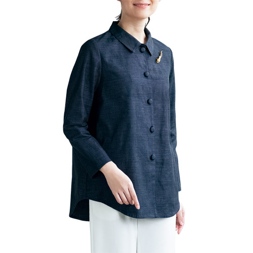 木綿 ジャケット コットン レディース 日本製 三河木綿 シャツジャケット 紺色 婦人服 ミセス シニア 女性 ネイビー ブルー 青 くるみボタン シンプル 和風 上品 無地 体型カバー シニアファッション 40代 50代 60代 70代 80代 母の日 お母さん 秋 冬 春　nss　p24685
