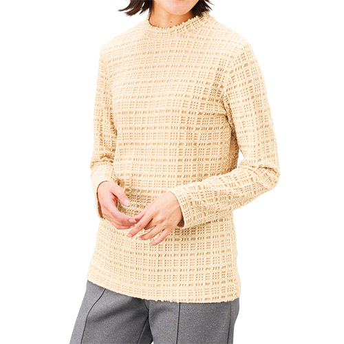 カットソー プルオーバー レディース シニア 秋冬 日本製 リヨセル混ふくれジャカードプルオーバー 3色組 ハイネックカットソー 婦人服 ミセス ピンク オフホワイト ブラック 格子柄 白 黒 オレンジ ブルー グレー シンプル シニアファッション　fri　p20352　p24731　p26395