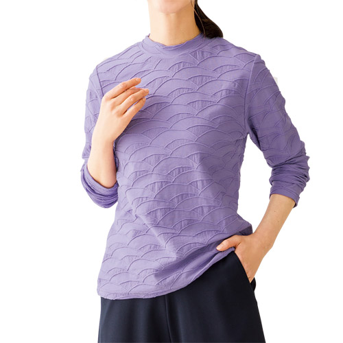 カットソー 長袖 モックネック レディース 日本製 セミハイネック波柄プルオーバー 全2色 婦人服 ミセス シニア 女性 グリーン パープル 黄緑 薄紫 Tシャツ シンプル 上品 カジュアル 40代 50代 60代 70代 80代 母の日 お母さん 秋物 冬物 秋冬　fuji　p24790
