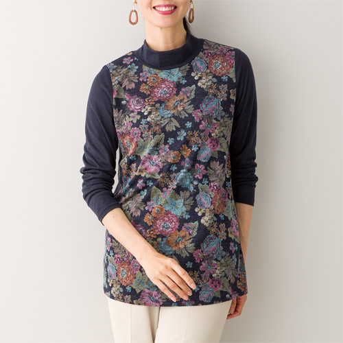 カットソー 花柄 モックネック 長袖 レディース 日本製 ゴブラン調 プリントチュニック ネイビー系 婦人服 ミセス シニア 女性 上品 ゴブラン織り調 プリント柄 シニアファッション 40代 50代 60代 70代 80代 母の日 お母さん 秋物 冬物 秋冬　fuji　p24795