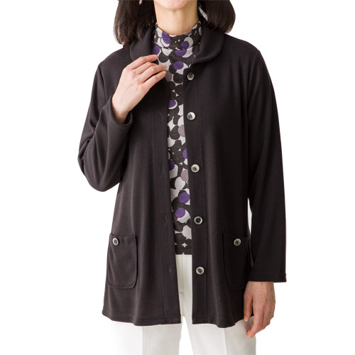 日本製 ショール衿 ポケット付きジャケット ブラック シャツジャケット 黒 レディース 婦人服 ミセス シニア 女性 シンプル かわいい オシャレ ショールカラー ウール混 シニアファッション 40代 50代 60代 70代 80代 母の日 お母さん 秋物 冬物 秋冬　fuji　p24796