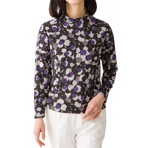 カットソー 長袖 モックネック レディース 日本製 変形ドット柄プルオーバー チャコールグレー 婦人服 ミセス シニア 女性 グレー パープル ハイネック オシャレ シニアファッション 40代 50代 60代 70代 80代 母の日 お母さん 秋物 冬物 秋冬　fuji　p24797