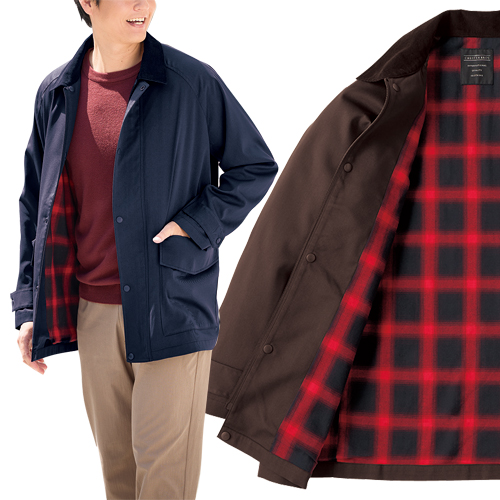 裏チェックハンティングジャケット 全2色 ジャケット コート アウター メンズ 紳士服 シニア 男性 トラディショナル トラッド 上着 ネイビー ブラウン 紺色 茶色 シンプル 撥水 はっ水 無地 シニアファッション 40代 50代 60代 70代 80代 父の日 お父さん 秋冬　fri　p24841