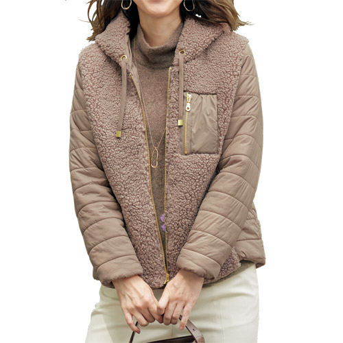 ブークレボア切替え 中わたキルトジャケット モカベージュ 中綿ジャケット ボアジャケット ショート丈 レディース 婦人服 ミセス シニア 女性 ブラウン キルティング フード付き かわいい モコモコ 50代 60代 70代 80代 母の日 お母さん 秋物 冬物 秋冬　nss　p25012