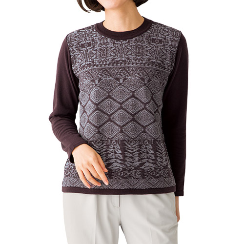 日本製 ウール混 前身頃柄編みプルオーバー ボルドー×グレー ニット セーター クルーネック レディース 婦人服 ミセス シニア 女性 丸首 オシャレ 毛混 幾何学模様 シニアファッション 40代 50代 60代 70代 80代 母の日 お母さん 秋物 冬物 秋冬　fuji　p25025