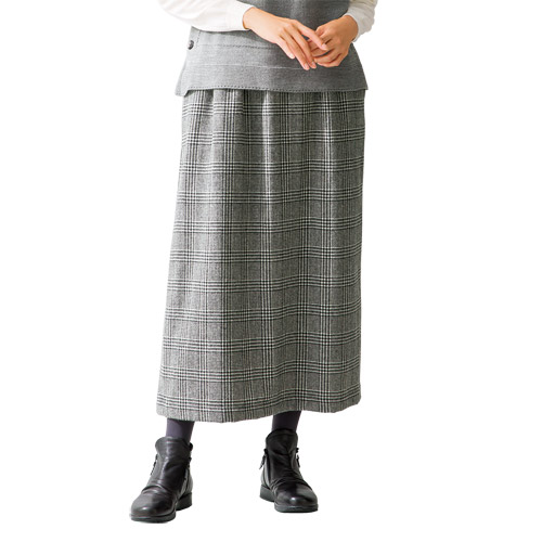 日本製 尾州織 グレンチェック柄スカート 白×黒 ロングスカート モノトーン チェック レディース 婦人服 ミセス シニア 女性 尾州織り ウエストゴム ポケット付き シンプル シニアファッション 40代 50代 60代 70代 80代 母の日 お母さん 秋物 冬物 秋冬　fuji　p25353