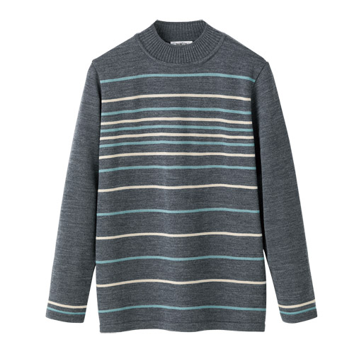 プルオーバー 秋冬 日本製 ファインメリノウールボーダーハイネックプルオーバー チャコールグレー トップス ハイネックニット セーター グレー レディース 婦人服 ミセス シニア 女性 シニアファッション 50代 60代 70代 80代　fuji　p23902　p25355