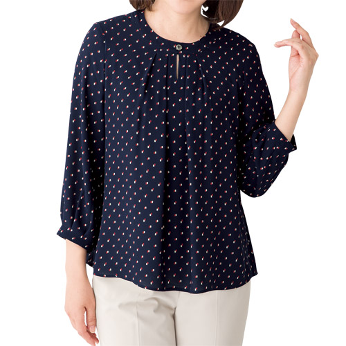 クルーネック ブラウス 七分袖 トップス レディース 日本製 ふんわりブラウス 全2色 婦人服 ミセス シニア 女性 ネイビー ベージュ 紺色 フレア レトロ 7分袖 シンプル シニアファッション 40代 50代 60代 70代 80代 母の日 お母さん 春夏　fuji　p25515