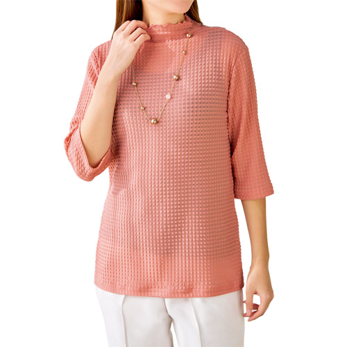 カットソー フリル 透け感 五分袖 レディース 日本製 シアージャカードプルオーバー 3色組 婦人服 ミセス シニア 女性 無地 ブラック ホワイト ピンク 黒 白 シンプル シニアファッション 40代 50代 60代 70代 80代 母の日 お母さん 春夏　fri　p25564