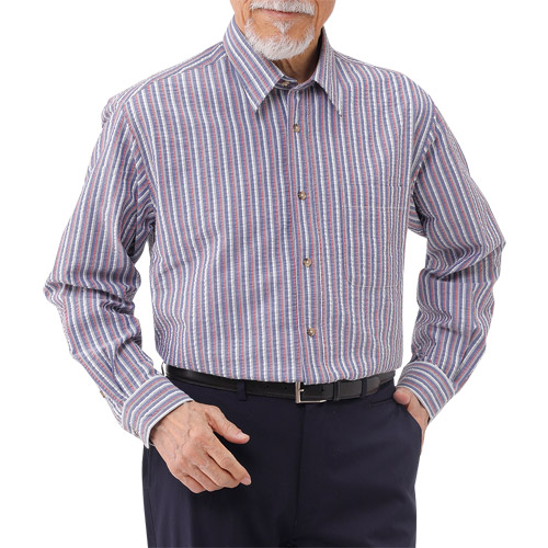 カジュアルシャツ ベージュ ネイビー グレー メンズ ハンティントン・クラブ サッカーストライプ 長袖シャツ 3色組 紳士服 シニア 男性 ストライプ柄 胸ポケット有り シンプル 縞模様 縦縞 シニアファッション 40代 50代 60代 70代 80代 父の日 お父さん 春夏　how　p25664