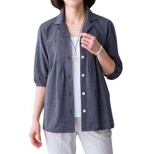 ブラウス コットン 五分袖 開襟シャツ レディース 日本製 亀田縞 襟付ブラウス ネイビー 婦人服 ミセス シニア 女性 オープンカラー パフ袖 パフスリーブ 無地 シンプル 上品 かわいい シニアファッション 40代 50代 60代 70代 80代 母の日 お母さん 春夏　fuji　p25842