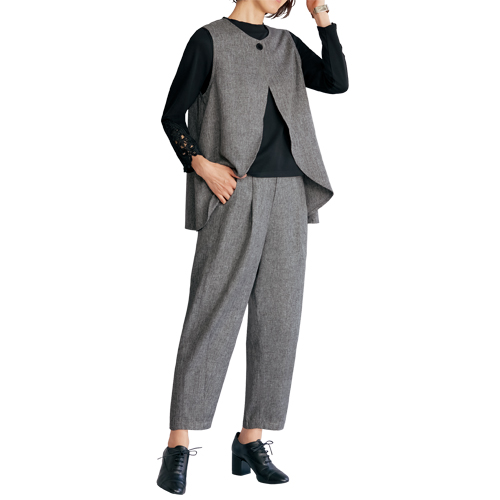 セットアップ ベスト＆コクーンパンツ 杢調グレー ベスト 前開き パンツ コクーン 2点セット ツーピース レディース 婦人服 ミセス シニア 女性 かっこいい シンプル マニッシュ おしゃれ シニアファッション 40代 50代 60代 70代 80代 母の日 お母さん 秋冬　nss　p26077