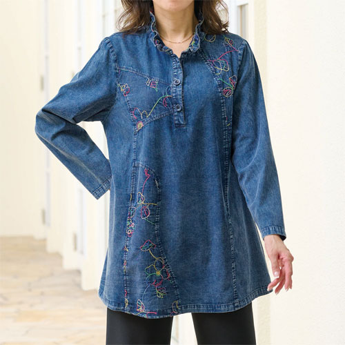 チュニック コットン 長袖 デニム ブルー レディース カラー刺しゅう使い洗い加工デニムチュニック 婦人服 ミセス シニア 女性 刺繍 花柄 プルオーバー 青 シンプル かわいい シニアファッション 40代 50代 60代 70代 80代 母の日 お母さん おばあちゃん 秋冬　nss　p26083