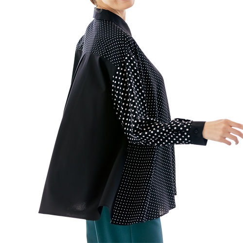 アシンメトリードットシャツブラウス ブラック オフホワイト Aライン ブラウス レディース 婦人服 ミセス シニア 女性 黒 白 水玉模様 ドット柄 シンプル 大人かわいい シニアファッション 40代 50代 60代 70代 80代 母の日 お母さん おばあちゃん 春秋冬　nss　p26091