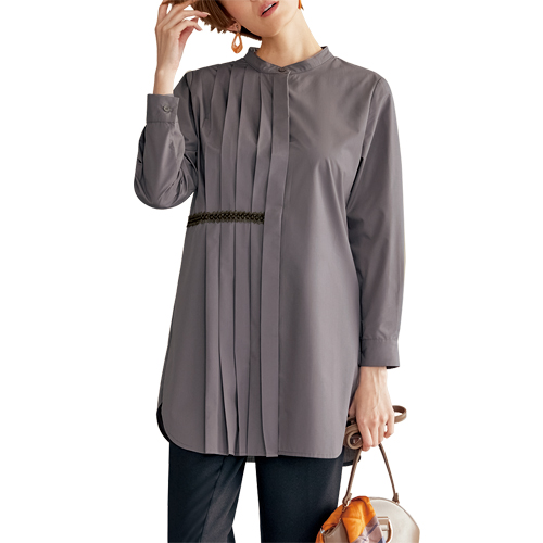 プリーツデザインシャツチュニック グレー チュニック ブラウス バンドカラー レディース 婦人服 ミセス シニア 女性 シャツ マニッシュ フェミニン シンプル 無地 上品 おしゃれ シニアファッション 40代 50代 60代 70代 80代 母の日 お母さん 秋冬　nss　p26094