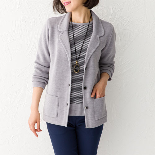 日本製 ミラノリブテーラードジャケット グレー ニットジャケット ウール混 レディース 婦人服 ミセス シニア 女性 無地 シンプル 上品 ミラノリブニット シニアファッション 40代 50代 60代 70代 80代 母の日 お母さん おばあちゃん 秋冬　fuji　p26237