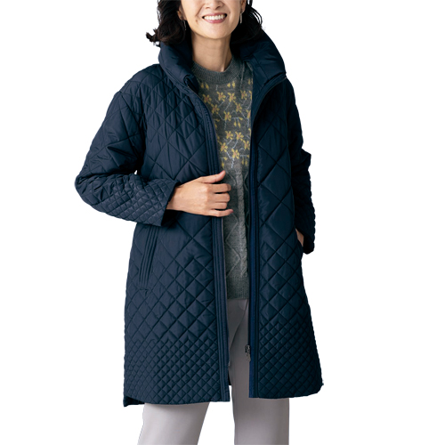 ダイヤ柄キルト中わたコート ネイビー コート 中綿 キルティング レディース 婦人服 ミセス シニア 女性 大人 キルト ミディアム ミドル丈 ハーフコート 体型カバー アウター 上品 シニアファッション 40代 50代 60代 70代 80代 90代 母の日 お母さん 秋冬　nss　p26461