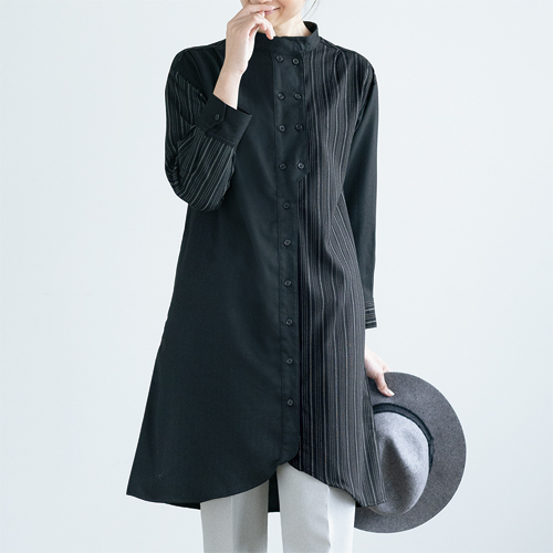 ブラック チュニックシャツ 長袖 スタンドカラー レディース ストライプ切替え多ボタンシャツチュニック 婦人服 ミセス シニア 女性 バンドカラー マニッシュ おしゃれ へリンボーン シンプル ファッション 40代 50代 60代 70代 80代 母の日 お母さん 秋冬　nss　p26462
