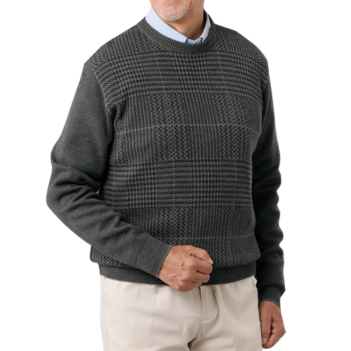 エムアイジェイ 日本製 グレンチェック柄 ジャカードセーター 全2色 ニット セーター 長袖 グレー ベージュ 丸首 メンズ 紳士服 シニア 男性 クルーネック 毛混 シンプル きれいめ ファッション 40代 50代 60代 70代 80代 父の日 お父さん おじいちゃん 秋冬　sai　p26528