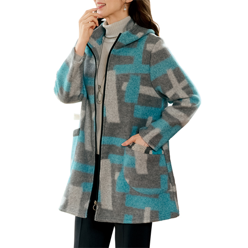 ハーフコート 起毛 コート レディース 冬 きれいめ 起毛ジャカードコート グレー ブルー ミドル丈 婦人服 ミセス シニア 女性 ブロック柄 おしゃれ ジップアップ ファスナー ジャケット シニアファッション 40代 50代 60代 70代 80代 母の日 お母さん 秋冬　nss　p26695