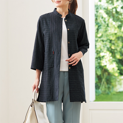 日本製 久留米織綿100％ シャツジャケット 全2色 スタンドカラー ジャケット 七分袖 ネイビー グレー レディース 婦人服 ミセス シニア 女性 和素材 久留米織り 紺色 コットン 洗える ウォッシャブル シンプル 50代 60代 70代 80代 母の日 お母さん 春夏　fri　p26964