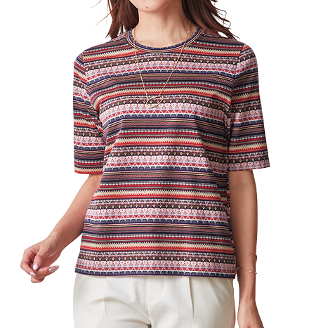 日本製 国産先染めジャカードプルオーバー 2色組 Tシャツ カットソー ボーダー 丸首 五分袖 レディース 婦人服 ミセス シニア 女性 5分袖 クルーネック レッド ブルー 赤 青 エスニック ファッション 40代 50代 60代 70代 80代 90代 母の日 お母さん 春夏　fri　p26991