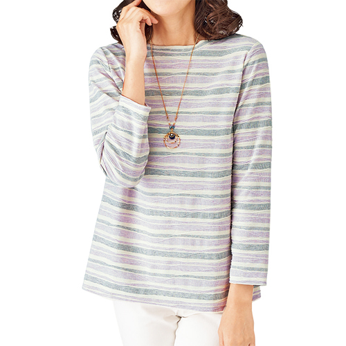 日本製 タックジャカードプルオーバー 3色組 3L 綿混 カットソー 丸首 ボートネック 長袖 レディース 婦人服 ミセス シニア 女性 クルーネック イエロー パープル グリーン ボーダー シンプル 50代 60代 70代 80代 90代 母の日 お母さん 春夏　fri　p26003