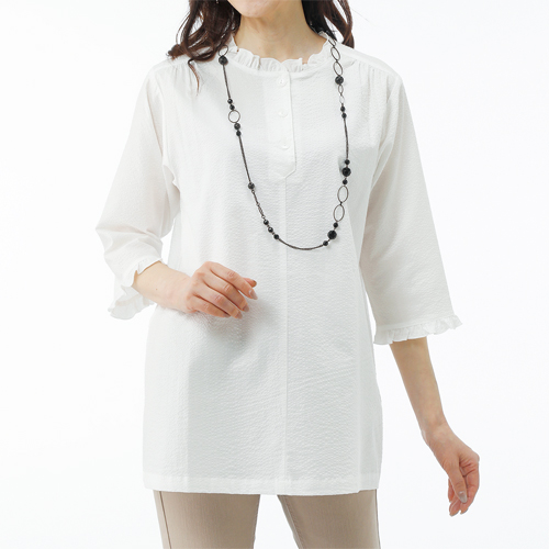 日本製 遠州染めさらさらブラウス 全2色 ブラウス 五分袖 フリル襟 レディース 婦人服 ミセス シニア 女性 ホワイト ネイビー 白 紺色 コットン 軽い 涼しい フェミニン 上品 無地 シンプル ファッション 40代 50代 60代 70代 80代 90代 母の日 お母さん 春夏　natu　p27227