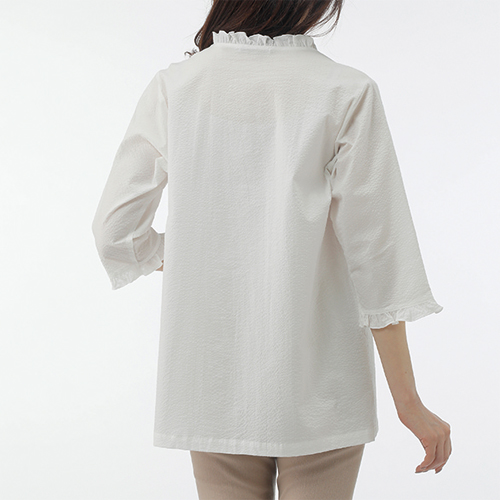 日本製 遠州染めさらさらブラウス 全2色 ブラウス 五分袖 フリル襟