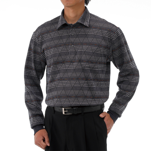 ショットアロー 日本製 ウール混ニットシャツ 全2色 ポロシャツ 長袖ポロシャツ ネイビー ブラウン メンズ 紳士服 シニア 男性 大人 ウール混 毛混 長袖シャツ 紺色 茶色 ダイヤ柄 ボーダー ファッション 40代 50代 60代 70代 80代 父の日 お父さん 秋冬　pos　kita　p27536