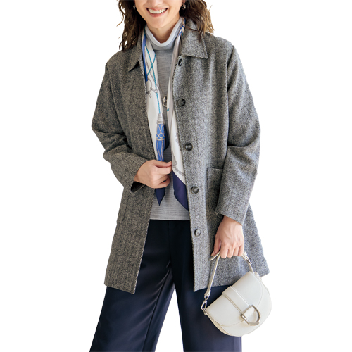 ヘリンボーン柄ロングジャケット グレー ブラック ジャケット ロング丈 ミディアム レディース 婦人服 ミセス シニア 女性 大人 モノトーン ハンサム 上品 シンプル シニアファッション 40代 50代 60代 70代 80代 母の日 お母さん おばあちゃん 秋物 冬物 秋冬　nss　p27651