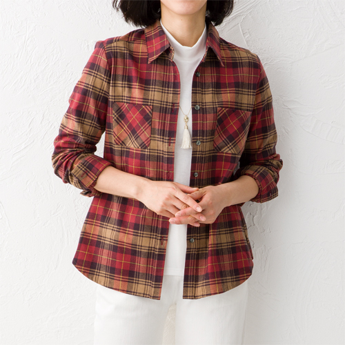 日本製 播州織 先染チェック柄シャツ 赤系 シャツ チェック 長袖 コットン レディース 婦人服 ミセス シニア 女性 大人 レッド 先染め 上品 おしゃれ 播州織り 和素材 シンプル シニアファッション 40代 50代 60代 70代 80代 90代 母の日 お母さん 秋冬　fuji　p27660