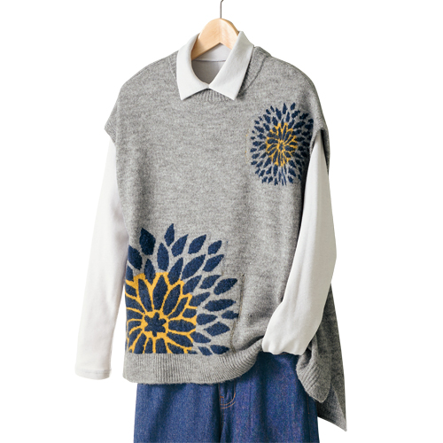 ダリア柄ジャカードニットベスト 杢グレー×ネイビー系 ニットベスト 毛混 ベスト チョッキ クルーネック レディース 婦人服 ミセス シニア 女性 大人 グレー 花柄 かわいい おしゃれ シニアファッション 40代 50代 60代 70代 80代 90代 母の日 お母さん 秋冬　nss　p27882