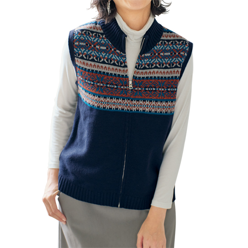 日本製 ノルディック柄ニットベスト ネイビー系 ベスト 毛混 ジップアップ 前開き ニット 北欧風 レディース 婦人服 ミセス シニア 女性 大人 紺色 チョッキ 幾何学模様 シンプル オシャレ 40代 50代 60代 70代 80代 90代 母の日 お母さん 秋冬　nss　p27884