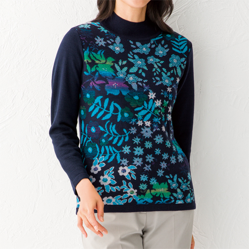 日本製 花柄ジャカードプルオーバー ネイビー ニット セーター ウール混 花柄 ボトルネック 長袖 レディース 婦人服 ミセス シニア 女性 大人 紺色 毛混 デザインニット 華やか 上品 シニアファッション 40代 50代 60代 70代 80代 90代 母の日 お母さん 秋冬　fuji　p27948