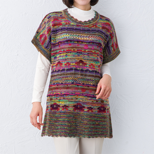 日本製 かすりボーダーチュニック ミックスカラー ピンク系 毛混 アルパカ混 チュニックベスト 半袖 重ね着 レディース 婦人服 ミセス シニア 女性 大人 丸首 クルーネック ボーダー レイヤード 華やか ベスト 40代 50代 60代 70代 80代 母の日 お母さん 秋冬　fuji　p27950