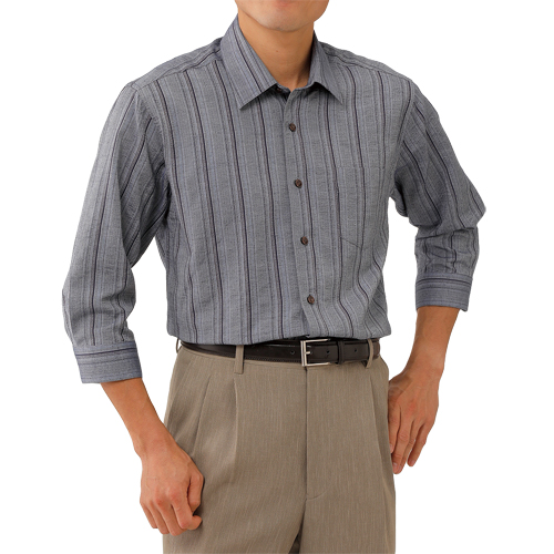 シャツ 七分袖 ネイビー グレー ストライプ メンズ シニア 爽やか麻混しじら織 7分袖シャツ 2色組 カジュアルシャツ ストライプ柄 紳士服 男性 シンプル しじら織り 麻入り 紺色 灰色 ファッション 50代 60代 70代 80代 父の日 お父さん 春夏 2枚セット　uka　p23817　p26471