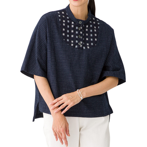 ブラウス レディース シニア 春夏 日本製 久留米織 切替えブラウス ネイビー ドルマンスリーブ スタンドカラー ブラウス 婦人服 ミセス 女性 紺色 藍色 コットン かわいい 上品 ファッション 40代 50代 60代 70代 80代 母の日 お母さん 春物 夏物 サマー　fuji　p24427