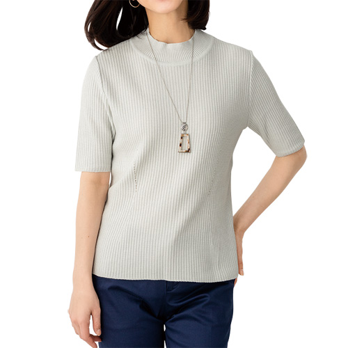 プルオーバー 春夏 日本製 五分袖ハイネックプルオーバー 全3色 ハイネック ニット セーター 半袖 レディース 婦人服 ミセス シニア 女性 グレー ネイビー ラベンダーパープル サマーセーター 無地 シンプル ファッション 40代 50代 60代 70代 80代 母の日　fuji　p24428