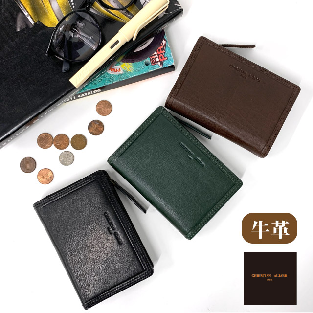二つ折り財布 メンズ ファスナー 革 二つ折りサイフ コンパクト 2つ折り 男性 メンズ財布 小銭入れ付き 黒 緑 茶 おしゃれ ブランド プレゼント 2つ折り財布 人気 レザー 財布 ファスナー財布 緑の財布 グリーン ウォレット CHRISTAIN AUJARD ミドルウォレット ca0003